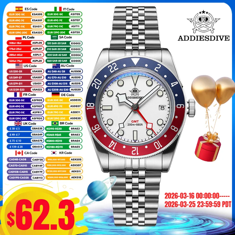 ADDIESDIVE Men's Watch Relogio 200M Waterproof GMT Watch Bubble Mirror ...