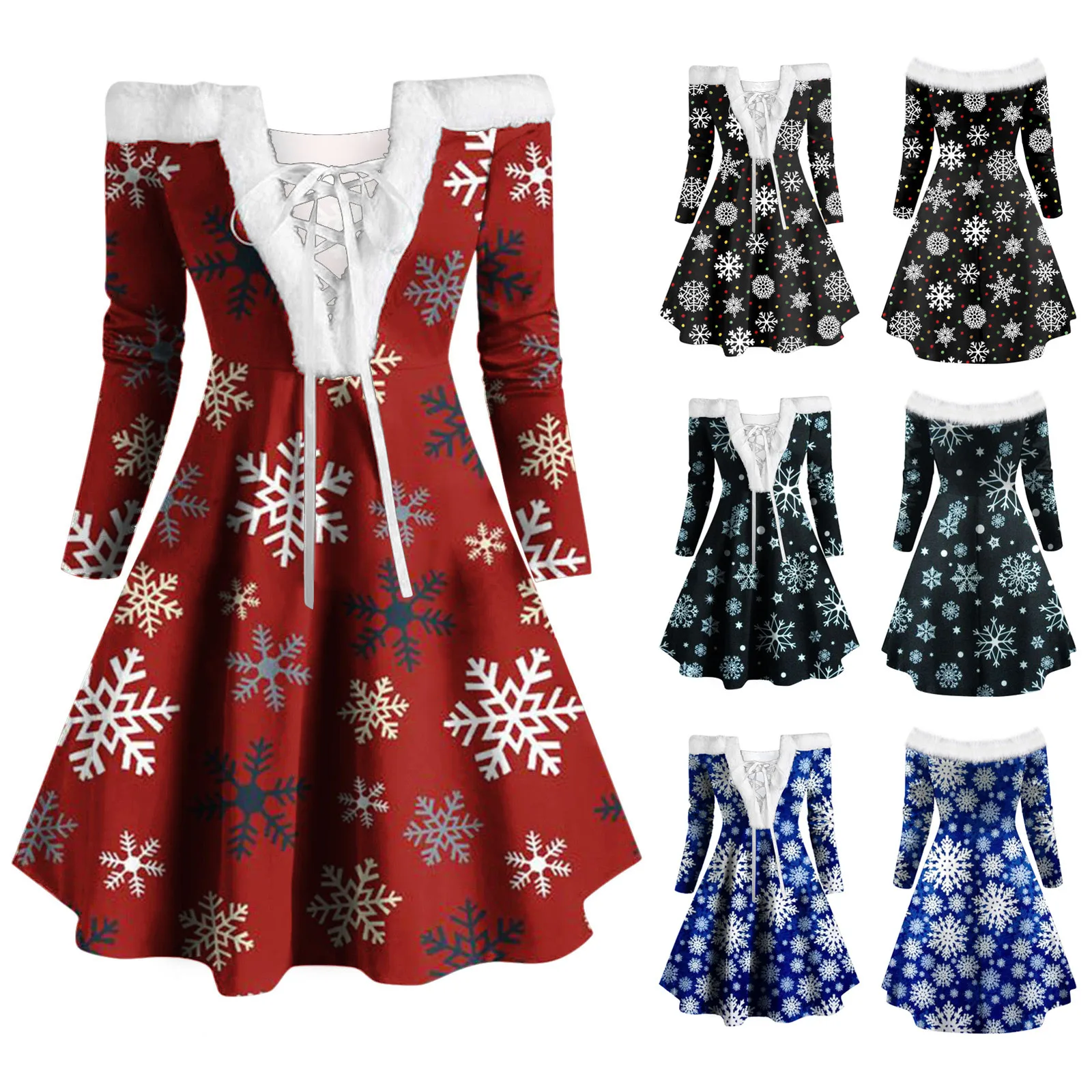 Winter-Women-Christmas-Dress-Elegant-Snowflake-Long-Sleeve-Faux-Fur ...
