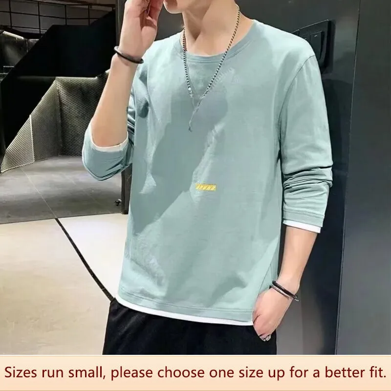 Men-Long-Sleeve-T-shirt-Autumn-Loose-Fake-Two-piece-Shirt-Base-Shirt ...