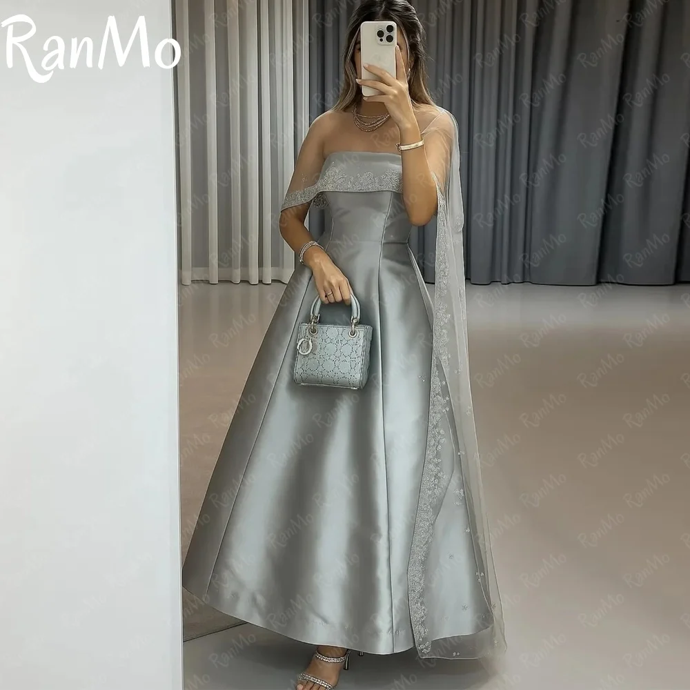 Ranmo New Customized Elegant Grey Shawl Strapless Satin Evening Dress A ...