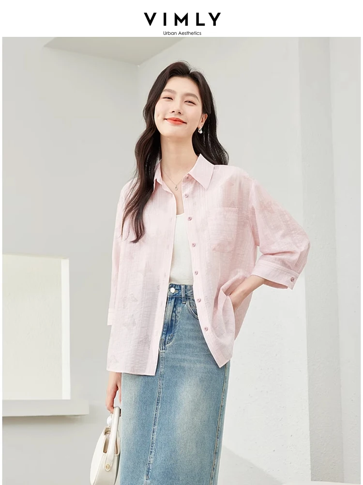 Vimly-Light-Pink-Button-Up-Casual-Lyocell-Shirt-2024-Spring-Lapel-Three ...