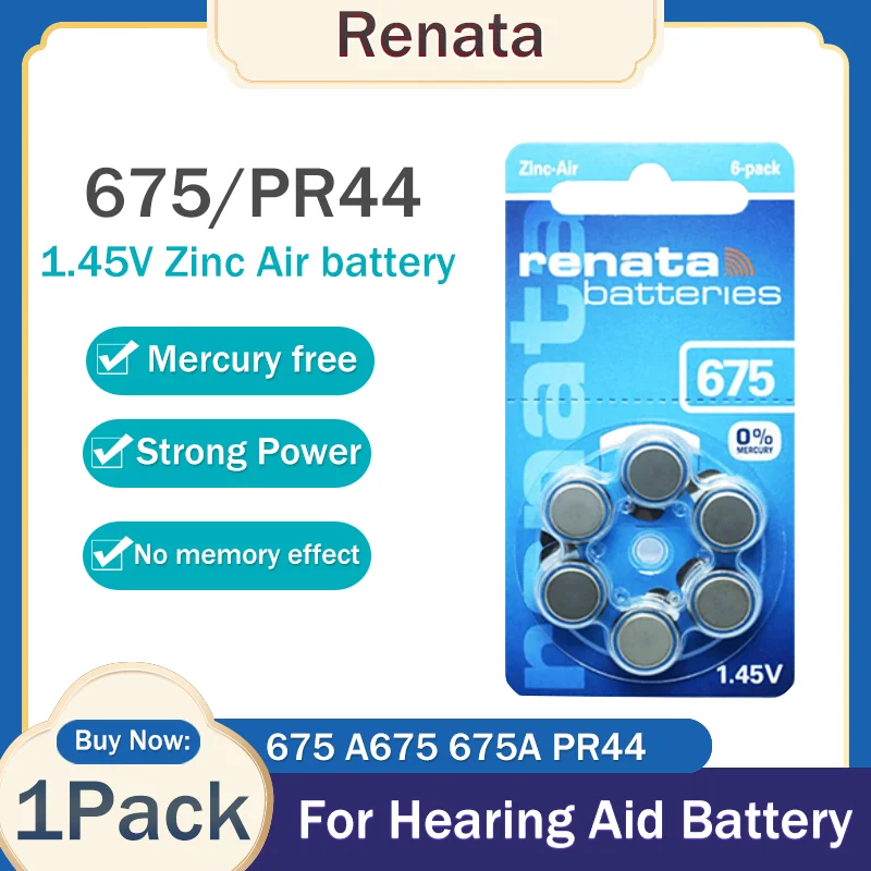 6pcs/1pack 100% 원래 Renata 675 A675 675A PR44 1.45V 660mAh 아연 공기 배터리 보청기 ...