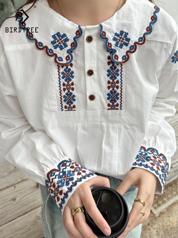 New-Autumn-Cotton-Embroidery-Shirt-Women-Lapel-Collar-Literature-Tops ...