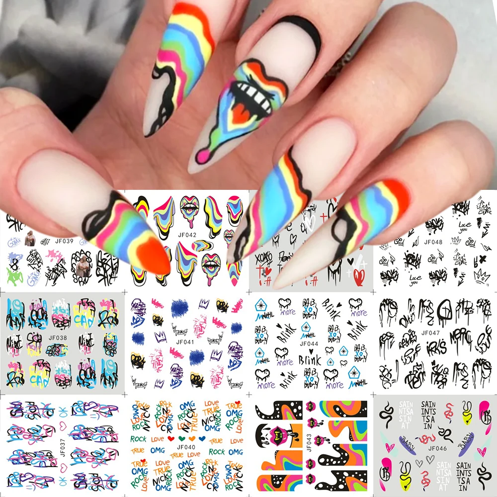 Neon-Graffiti-Nail-Stickers-Lettering-Water-Nail-Decals-Trippy-Rainbow ...