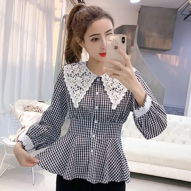 Chemise à Carreaux à Manches Longues Pour Femmes Chemisier à Col