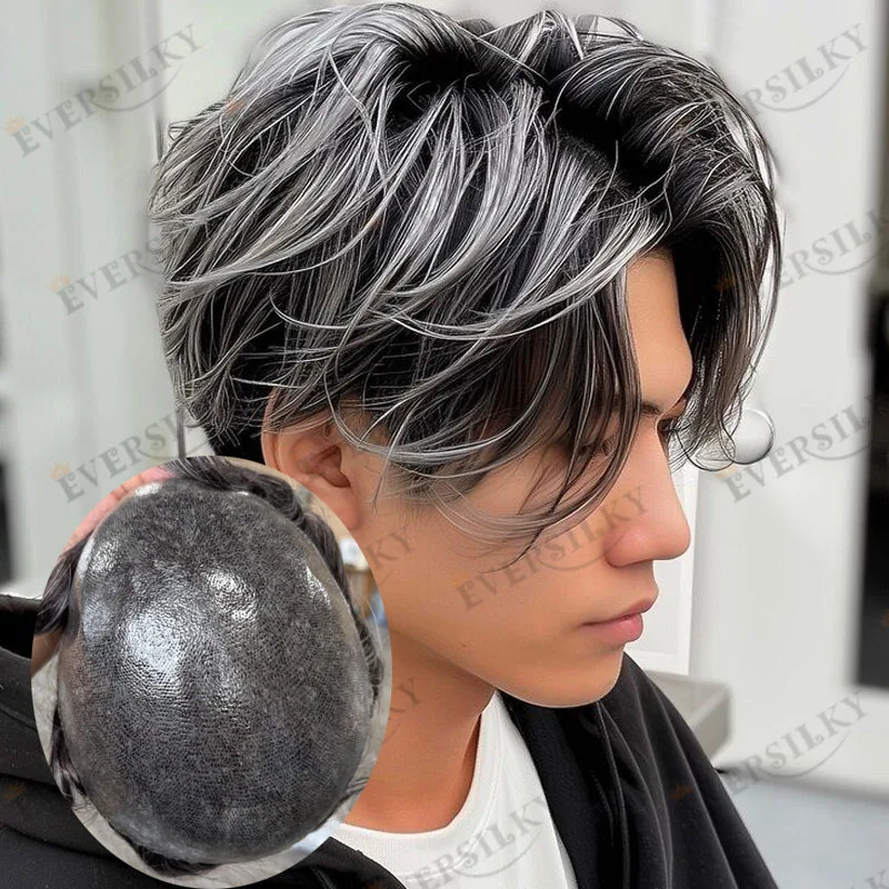 Long 6inch Human Hair Male Wigs Old Men Toupee 1B50 1B65 Grey Black ...