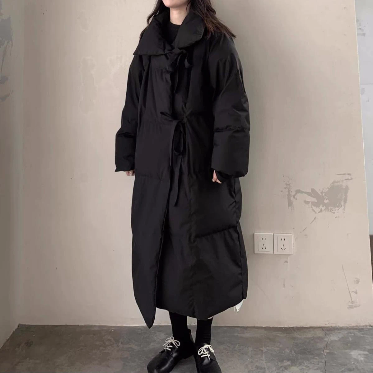 2024-New-Casual-Winter-Down-Cotton-Coats-Stylish-Black-Button-Tie-Long ...