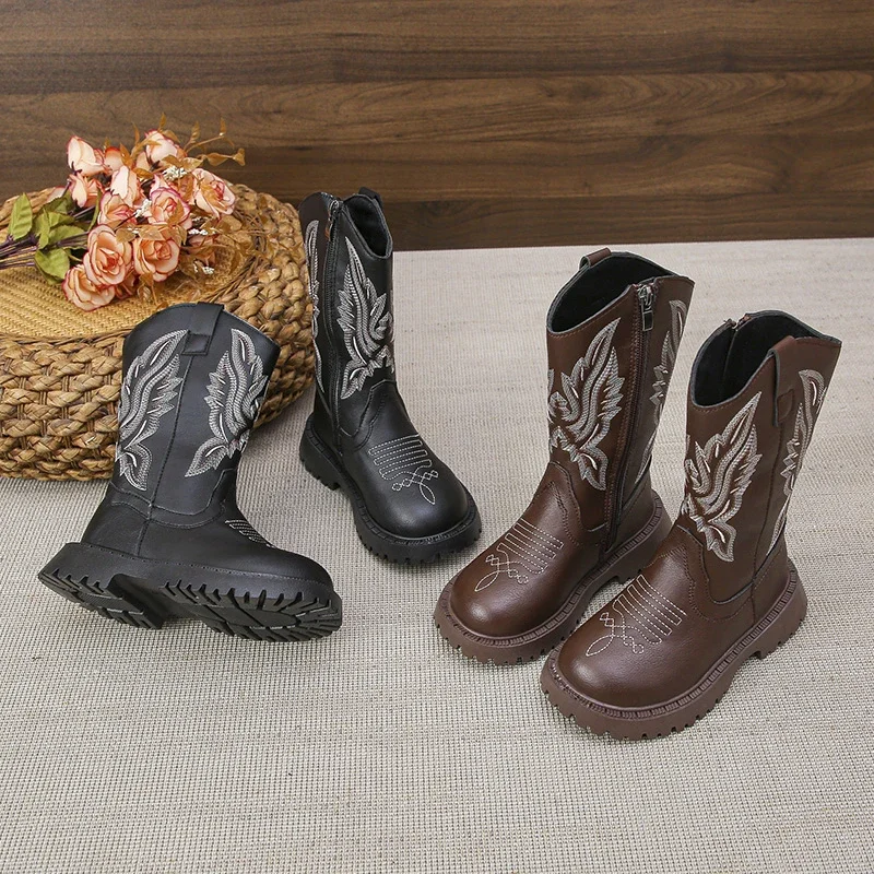 Children Leather Boots Classic Cowboy Embroidery Girls Long Booties ...