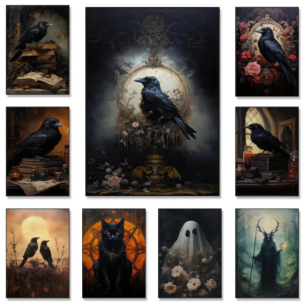 Victorian-Gothic-Fine-Art-Prints-Black-Cat-Raven-Canvas-Posters-Vintage ...