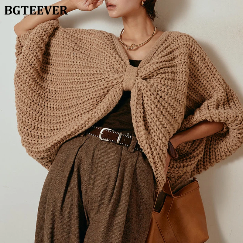 BGTEEVER Autumn Winter V-neck Ladies Bowing Sleeve Knitted Shawl ...