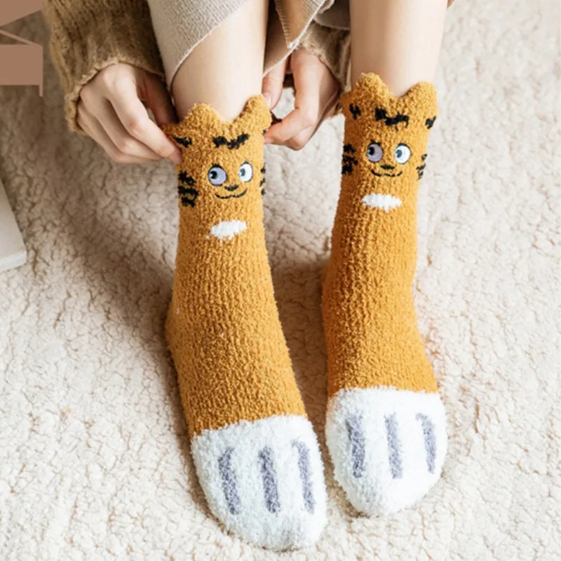 Autumn-Winter-Women-Warm-Soft-Fluffy-Bed-Socks-Cat-Claw-Coral-Velvet ...