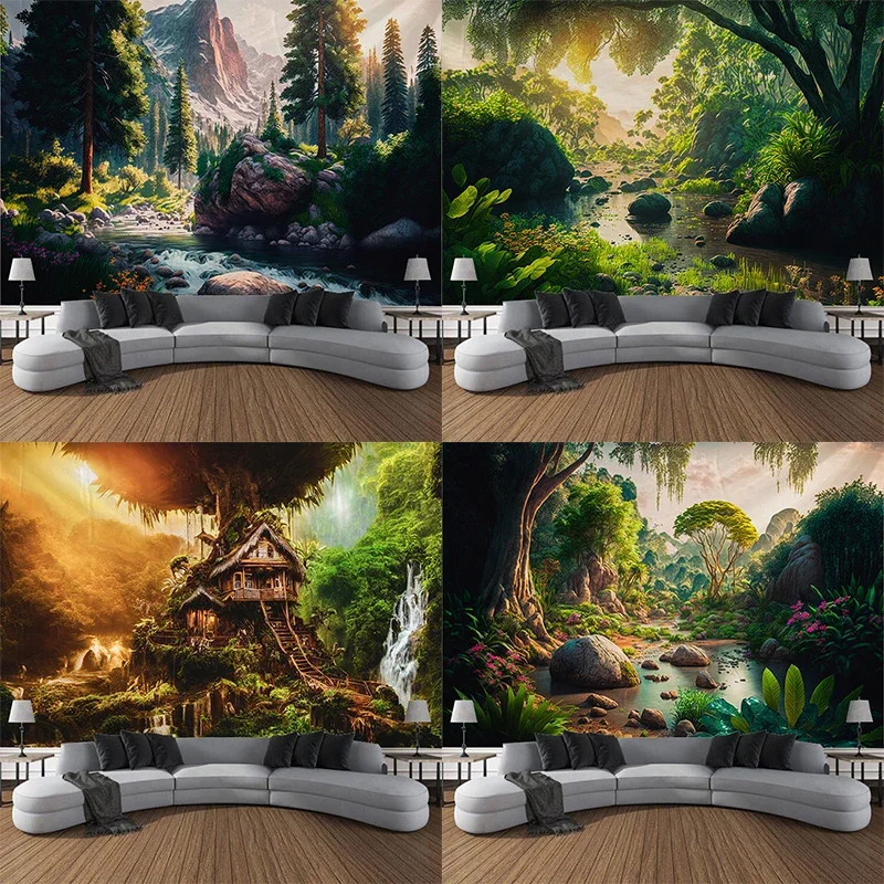 Magical-Forest-Tapestry-Natural-Trees-Waterfall-Wall-Hanging-Scenery ...