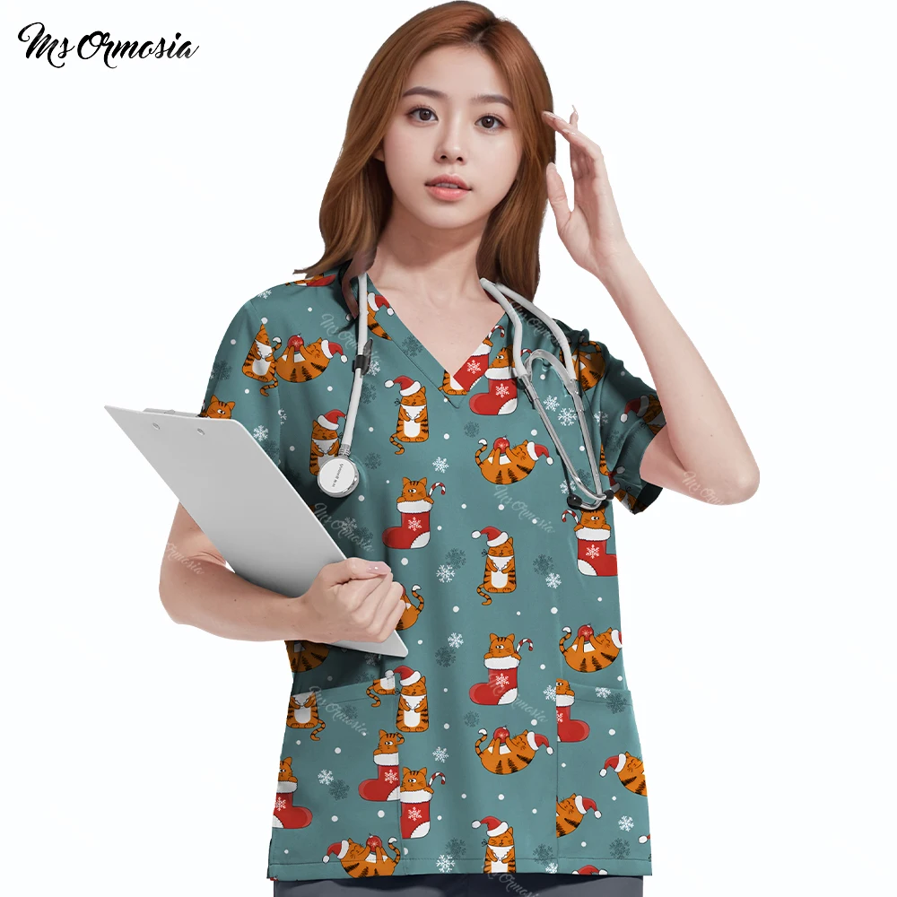 Nurse Christmas Uniform Women Print Blouse Short Sleeve V-neck Tops ...