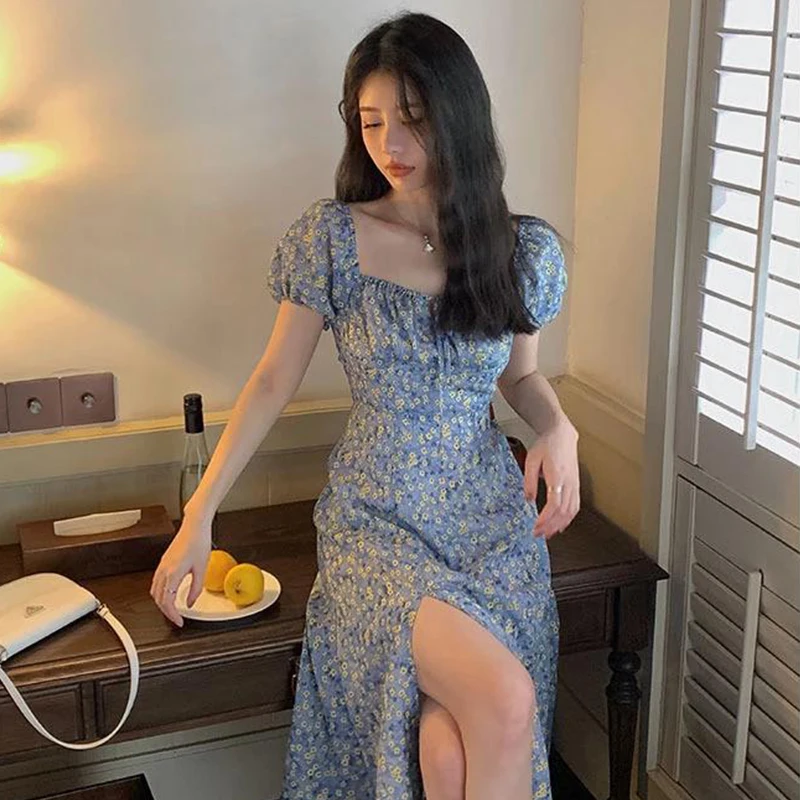 우아한 프렌치 스퀘어넥 퍼프 슬리브 플로럴 드레스 여성 홀리데이 스위트 스플릿 드레스 여름 드레스 2022 파티 드레스