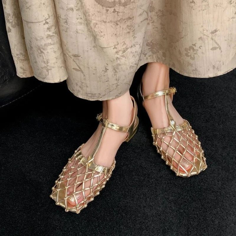 Retro-Gold-Hollow-Mesh-Silver-Bag-Head-Sandals-Women-s-Buckle-with-Low ...