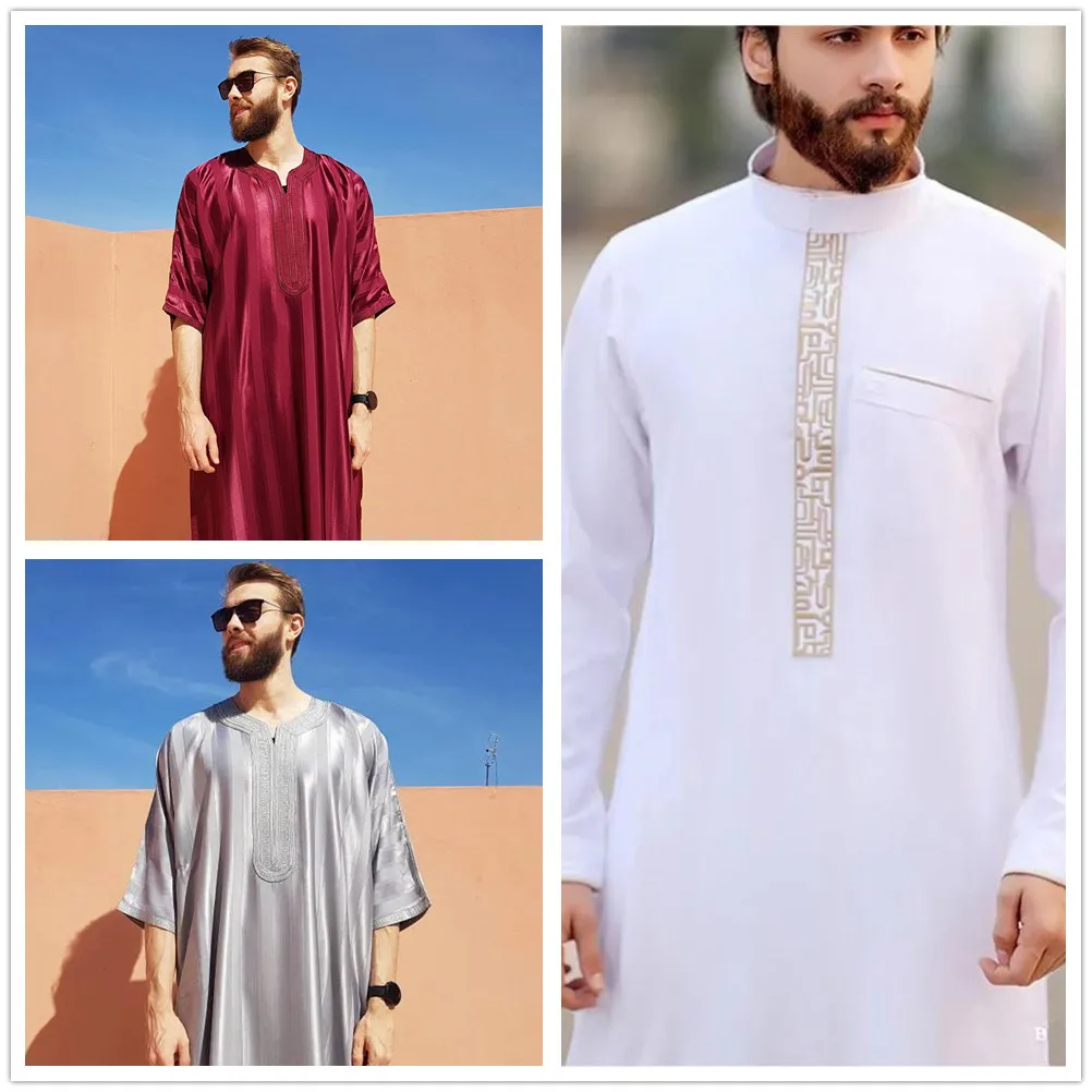 2023 New Vertical Strip Male Muslim Mid sleeve Robe Saudi Arabia Robe ...