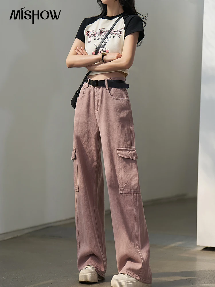 MISHOW-100-Denim-Cotton-High-Waist-Cargo-Pants-for-Women-Summer-Pink ...