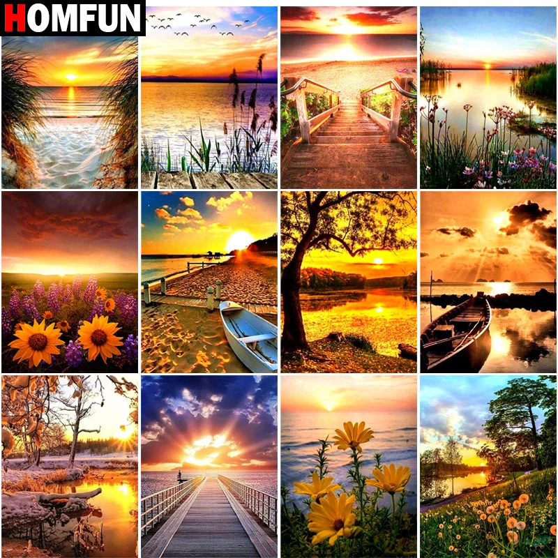 HOMFUN Full Diamond Embroidery "The Scenery Sunset" Diamond Painting ...