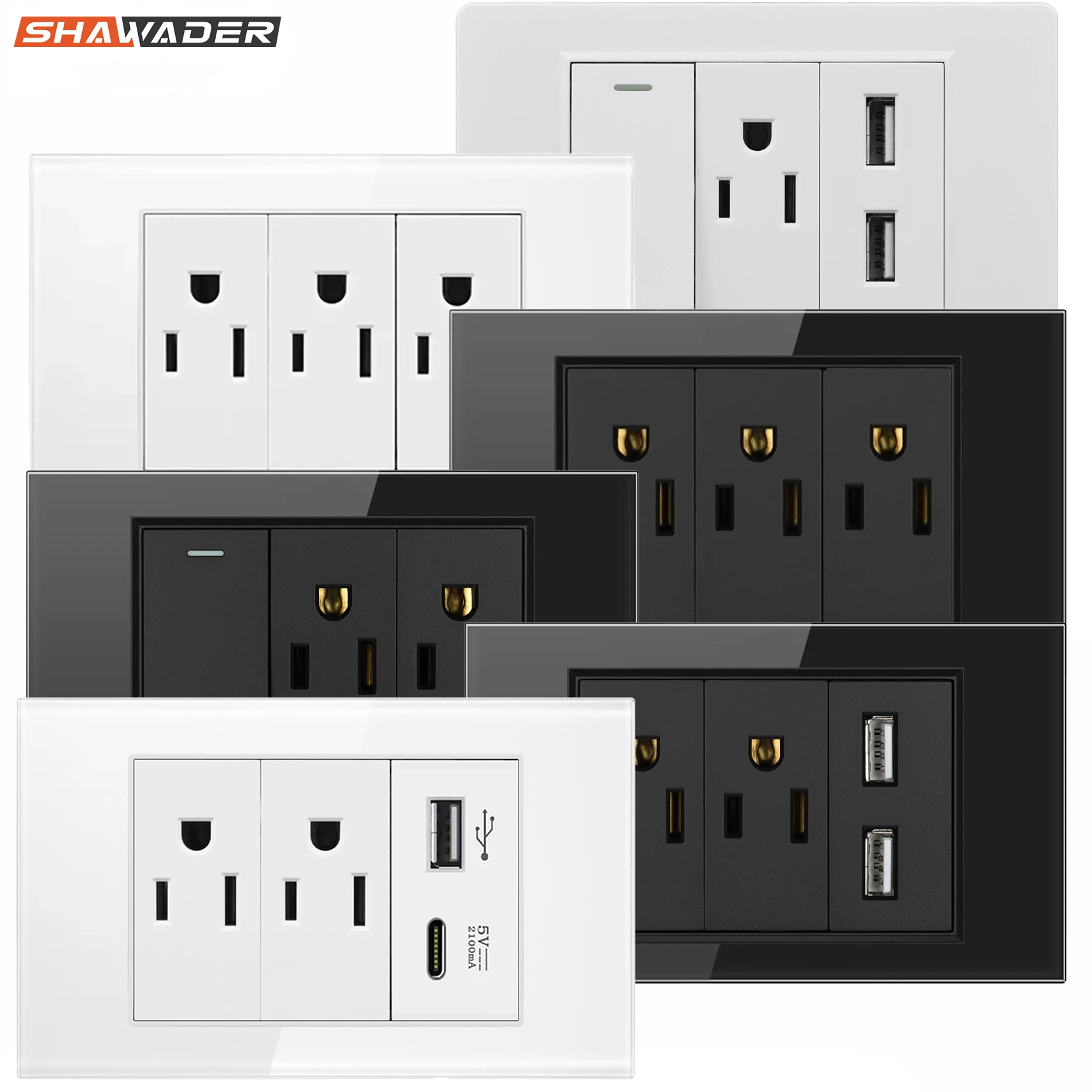 US-Power-Wall-USB-Socket-Type-C-Light-Switch-Double-Pole-Plastic-Glass ...