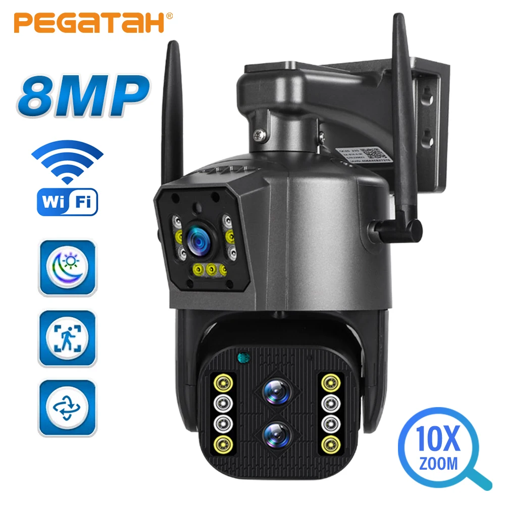 PEGATAH 8MP 4K Camera Outdoor WiFi PTZ Three Lens Dual Screen 10X ...
