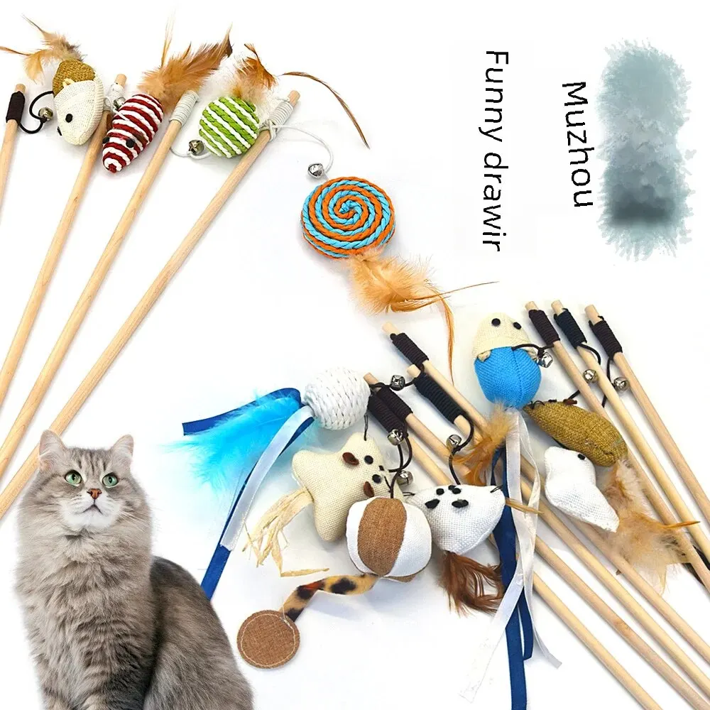 Wooden-Rod-Cat-Toy-Paper-Rope-Ball-Feather-Bell-Interactive-Pet ...