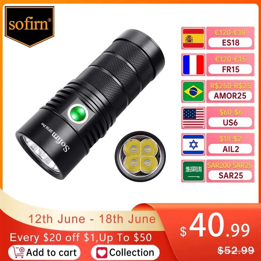 Sofirn linterna LED potente SP36 Pro, 8000lm, 4 x SST40, USB C ...
