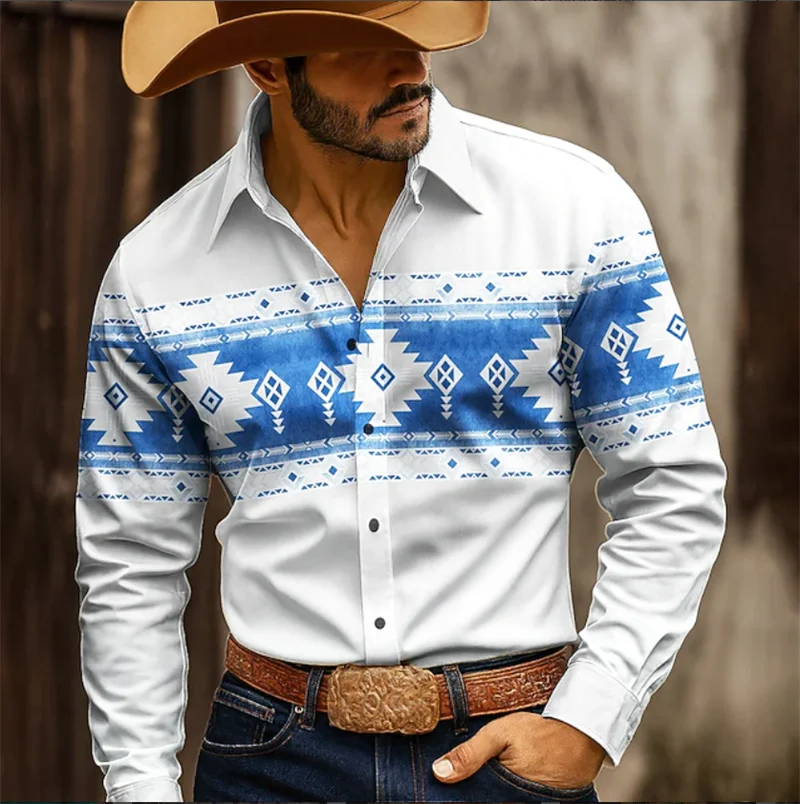 Men's Western Shirt Vintage Pattern Lapel Long Sleeve Button Print Top ...