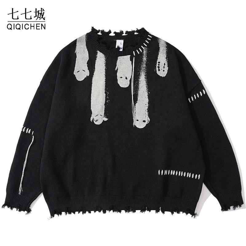 Hip Hop Sweaters Men Streetwear Y2k Grunge Ripped Ghost Punk Gothic ...