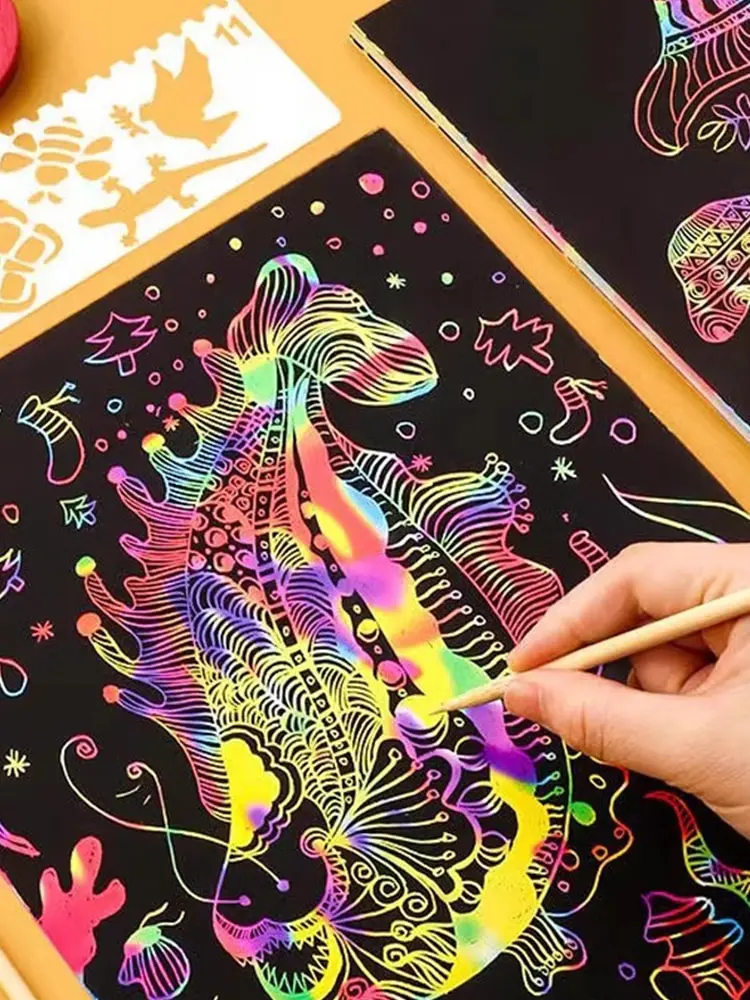 50Magic-DIY-Scratch-Paper-Rainbow-Art-Painting-Kit-with-5-Wooden-Sticks ...