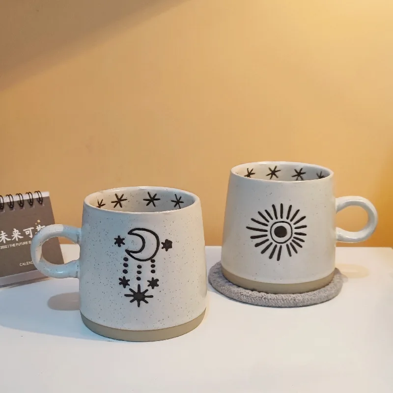 Japanese Vintage Pottery Sun Moon Couple Mugs With Lids, 58% OFF