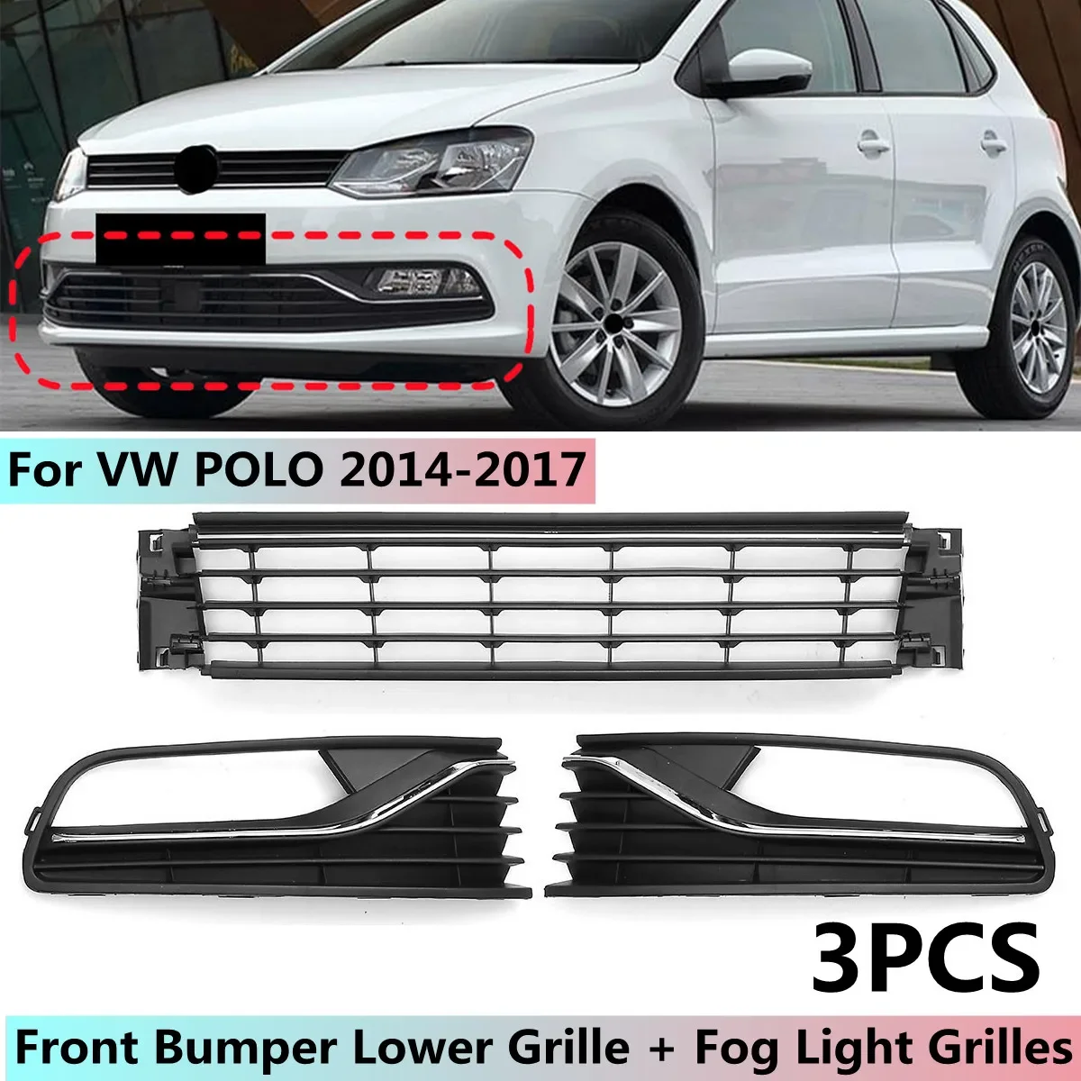 New-Front-Bumper-Lower-Grill-Right-Centre-Left-Grill-Set-For-VW-Polo-6r ...