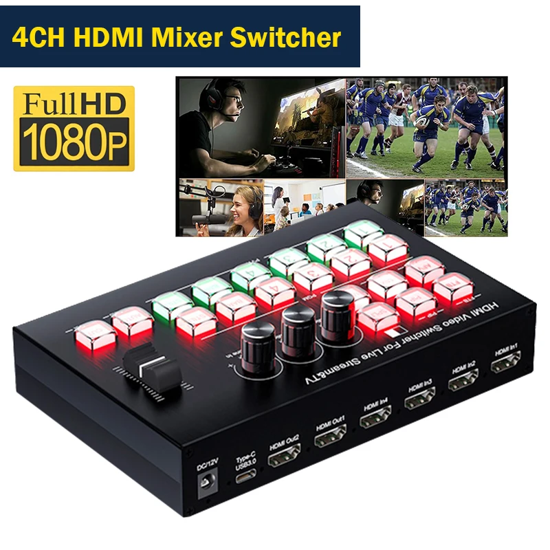 4 Channel HDMI Video Mixer Switcher 4x2 1080P Broadcast Multi Camera ...