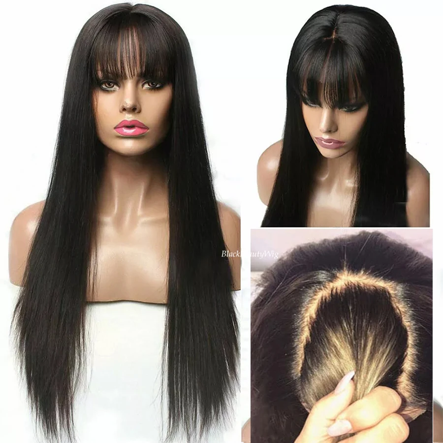 Peluca-de-cabello-humano-de-encaje-completo-con-flequillo-pelo-Remy ...