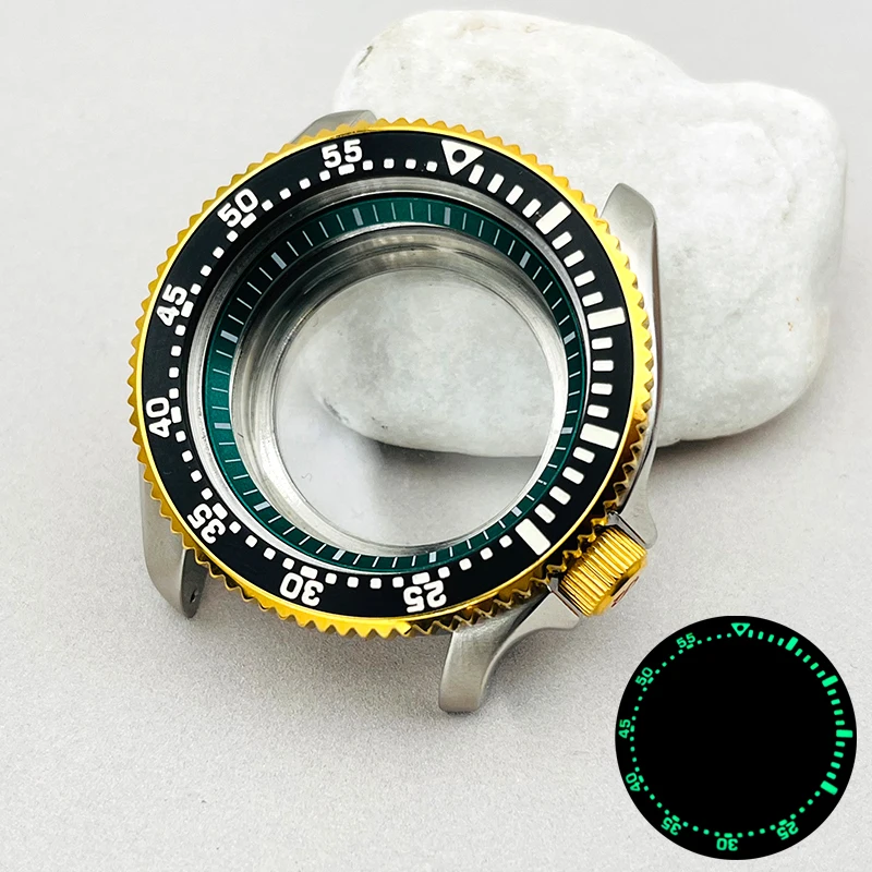 Silver Watch Cases Gold Knurled Bezel Green Luminous Bezel Insert Fit ...