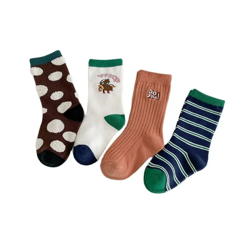 4Pairs/Lot 3-12Year child socks Autumn Big Wave Dot Stripe Mid tube ...