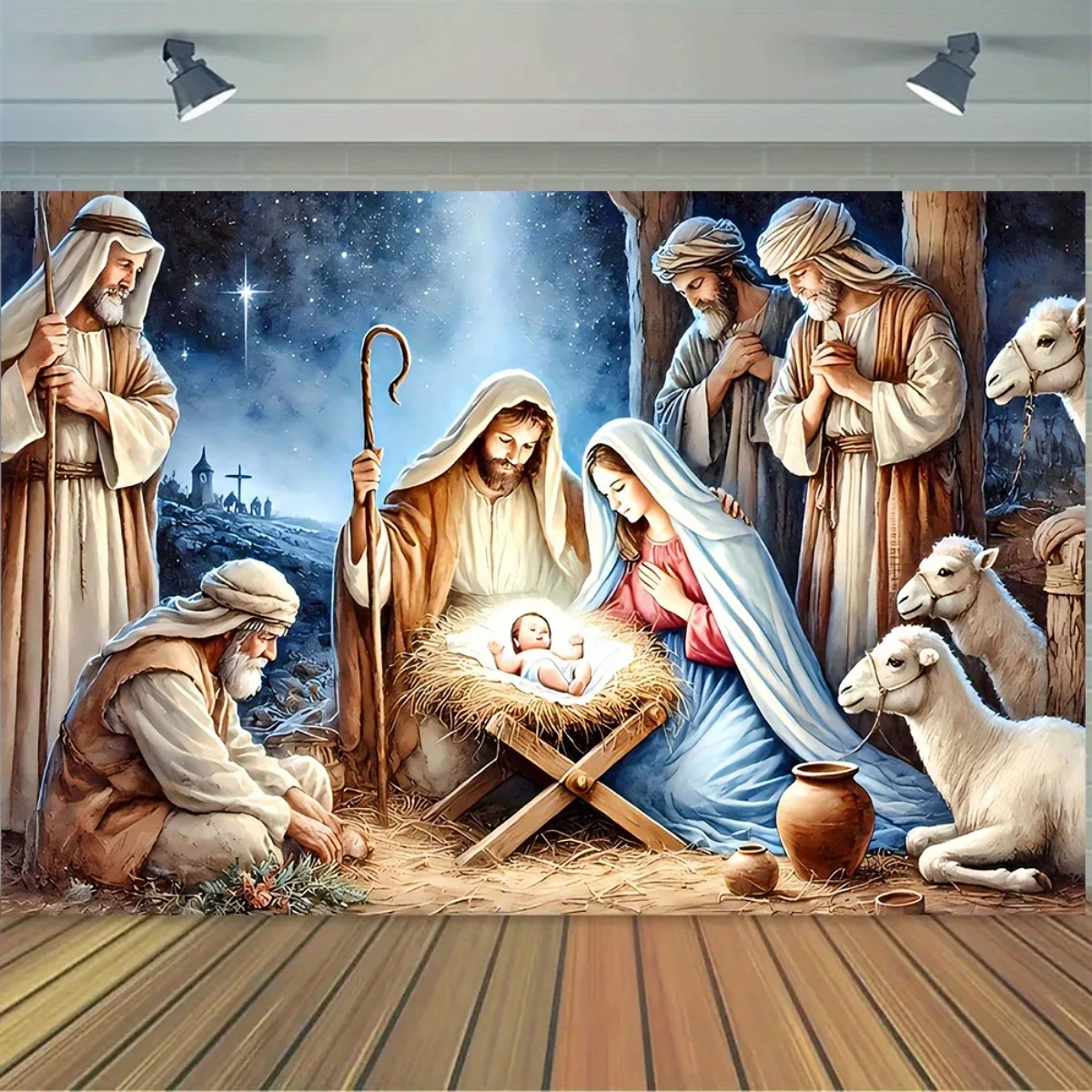 Nativity Scene Tapestry Wall Hanging Polyester Christmas Backdrop with ...