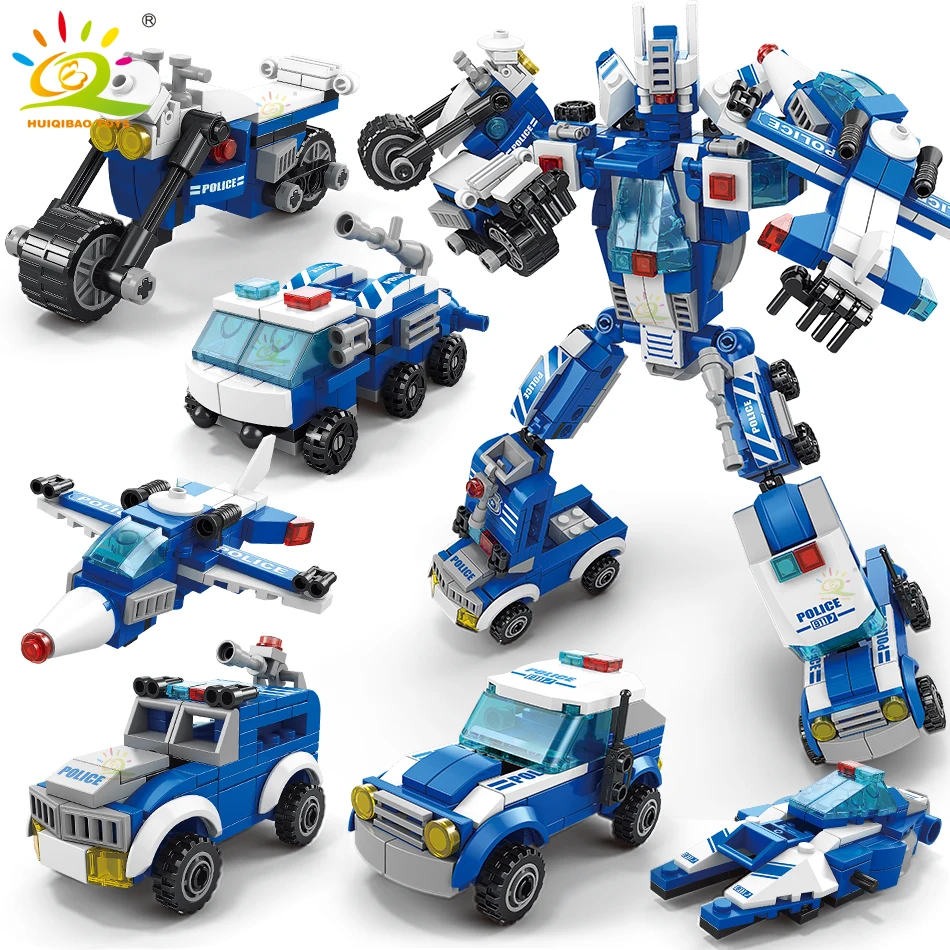 HUIQIBAO-533pcs-6in1-Police-Truck-Building-Blocks-City-Construction-Helicopter-Car-robot-Bricks ...