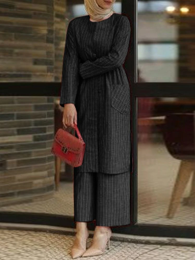 ZANZEA Women Striped Matching Sets Summer Long Sleeve Shirt Pant Sets ...