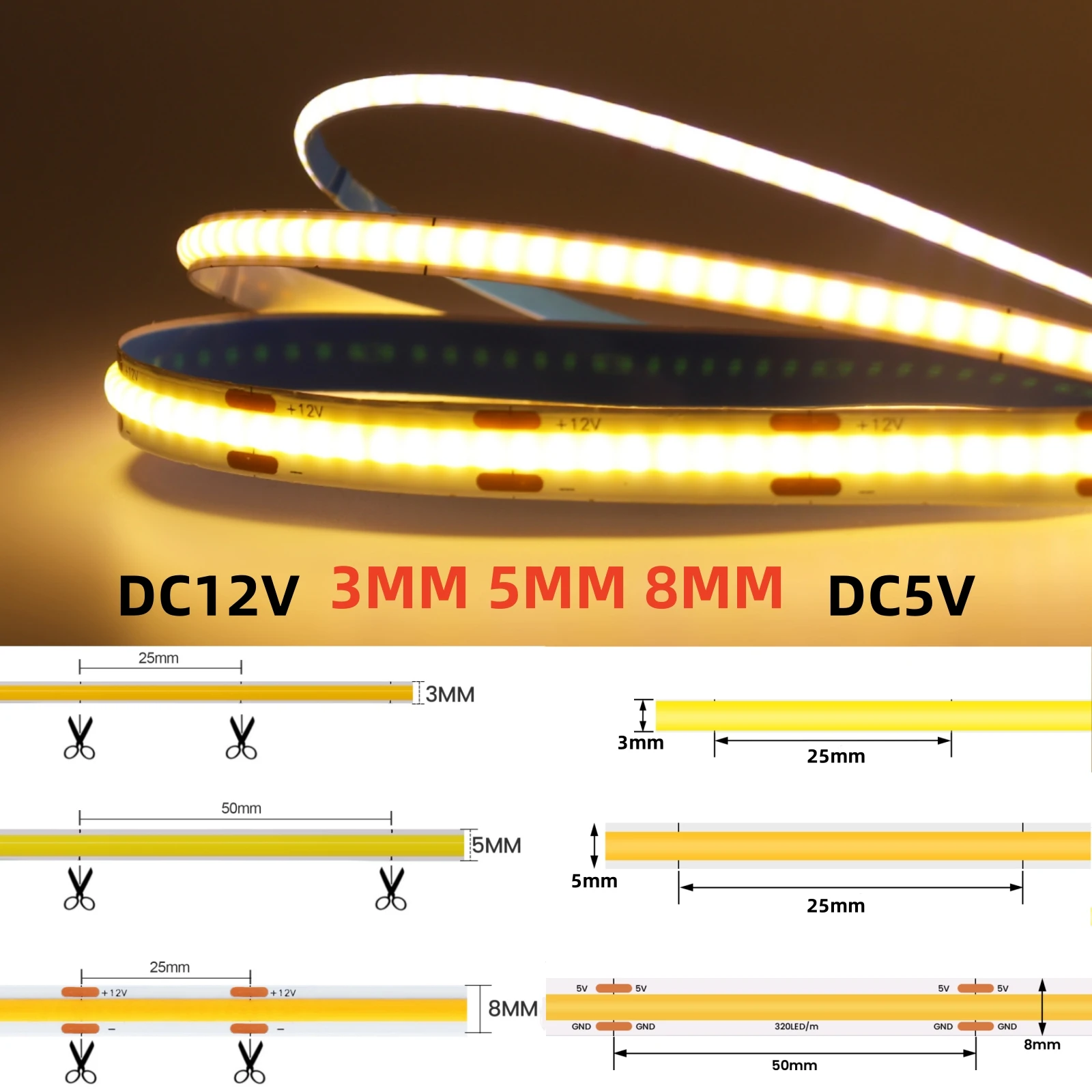 5V 12V 3MM 5MM 8MM FCOB LED Light Strips Bar 320LEEDs/M Dimmable Tape ...