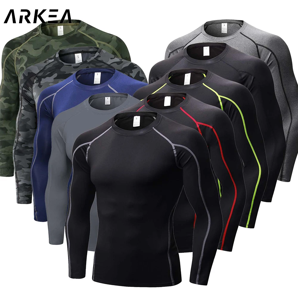Men's sports compression T shirt Running Fitness Tight Long Sleeve ...