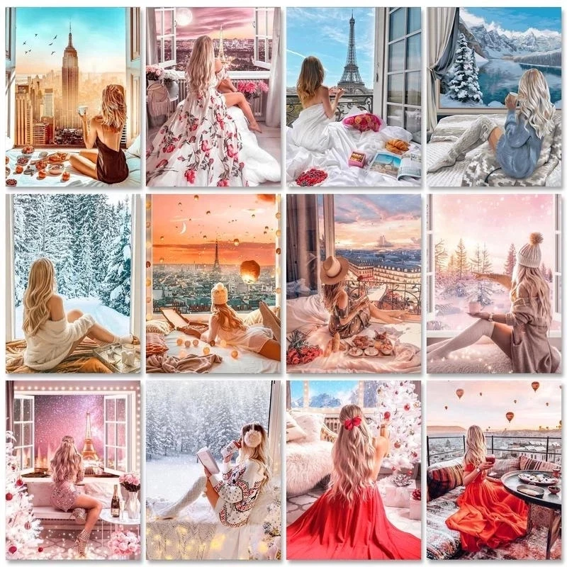 RUOPOTY 아크릴 페인트 숫자 키트로 Diy 페인팅 눈 창 풍경 여성 숫자로 색칠 40x50cm 성인용 Diy 선물| | - AliExpress