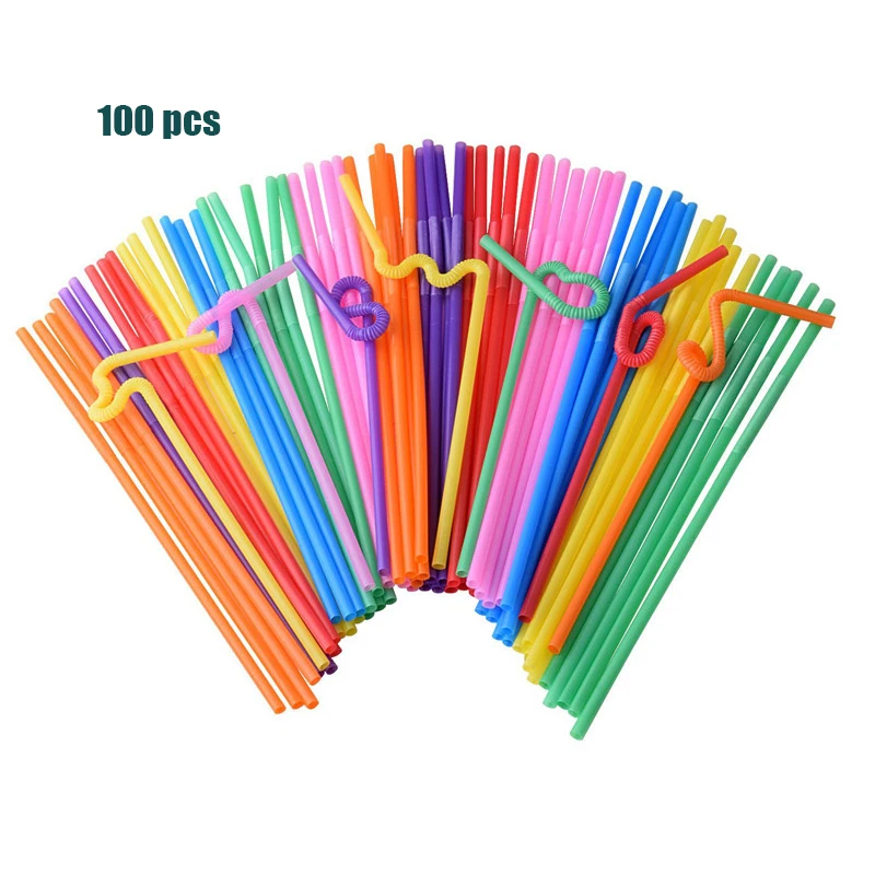 100Pcs Drinking Plastic Straws Colorful Art Long Flexible Wedding Party ...