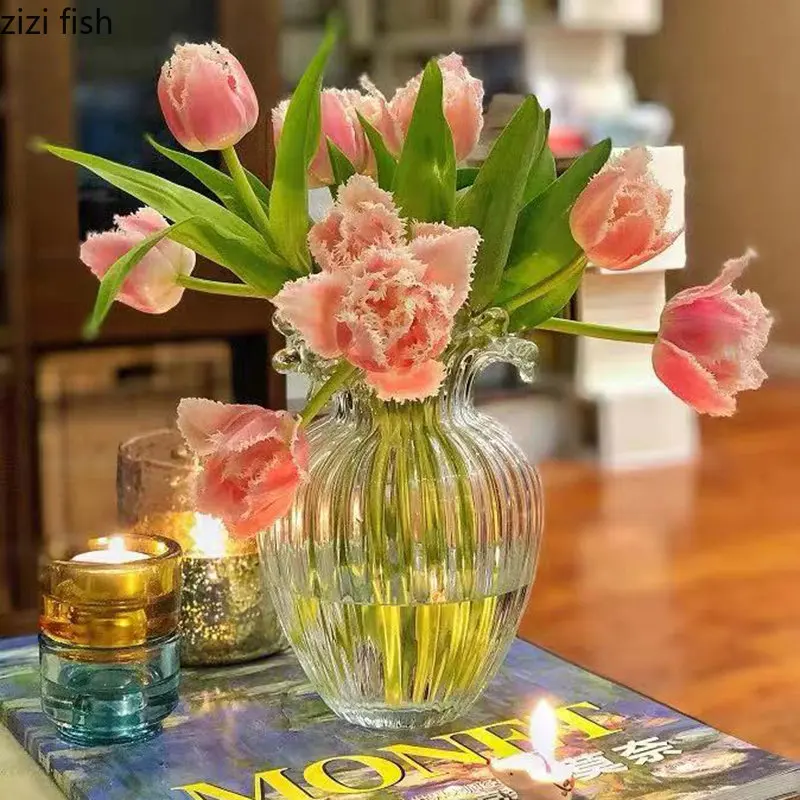 Vaso de flor de vidro fosco transparente ornamento sala estar arranjo ...