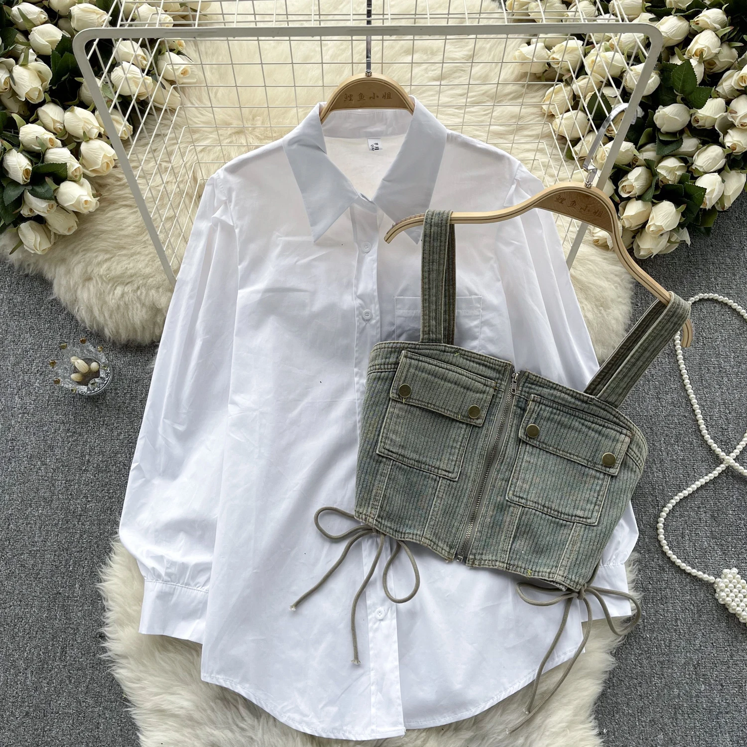 Chic-Hong-Kong-Sle-Retro-Denim-Cami-Short-Versatile-Long-sleeve-Shirts ...