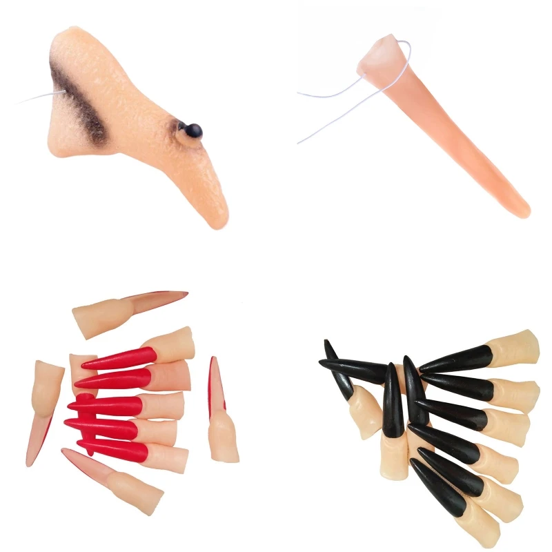 Zombie-Witch-Fake-Fingers-Nails-Fake-Nose-Horror-Long-Nose-Black-Red ...