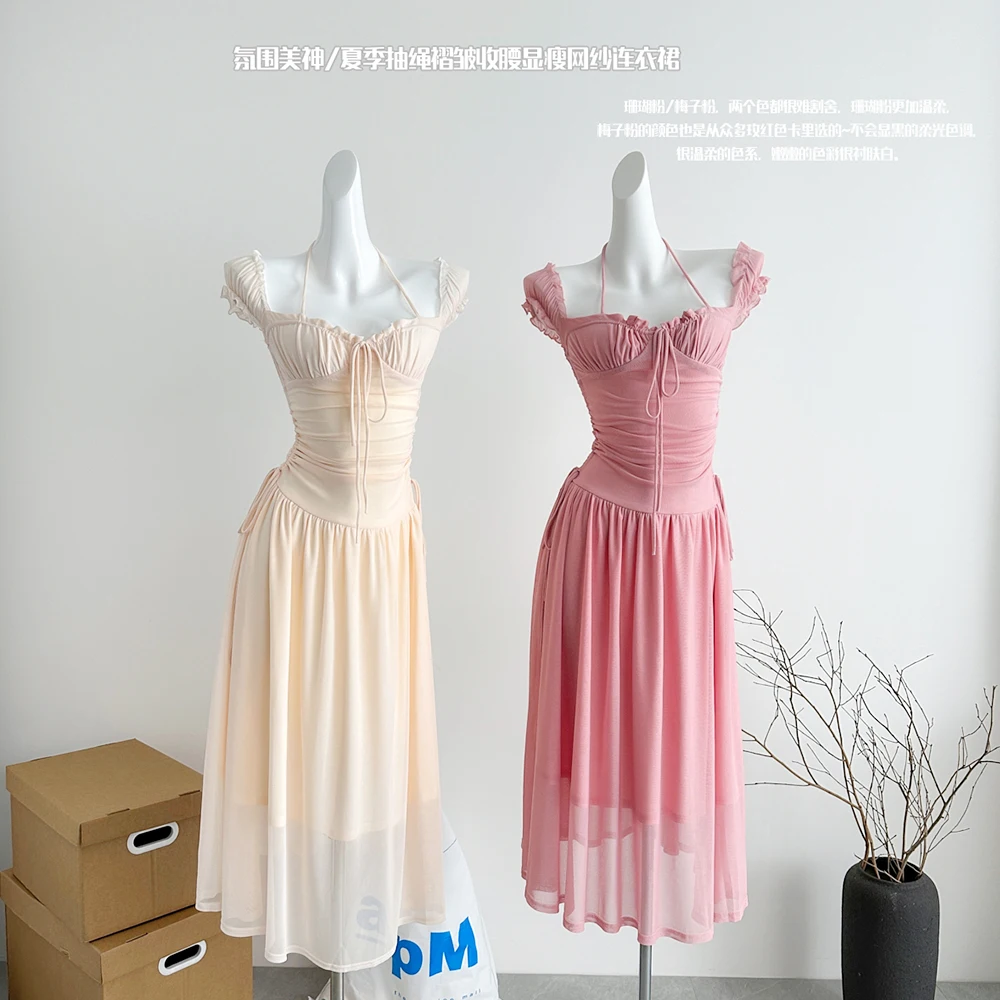 Summer-New-Vintage-Drawstring-Folded-Waist-Slim-Mesh-Long-Dresses ...