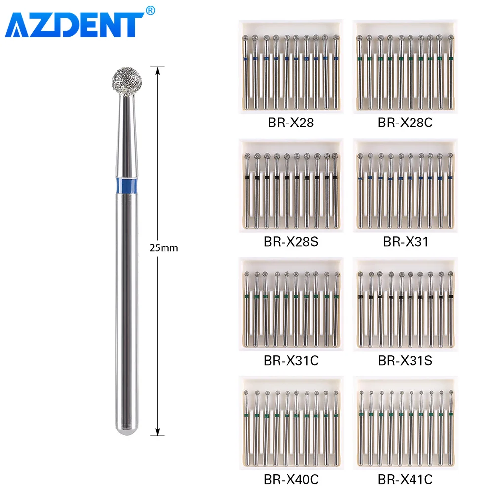 AZDENT 10Pcs/pack Dental Diamond Bur Ball Round Stainless Steel Bur 25mm FG 1.6mm for High Speed ...