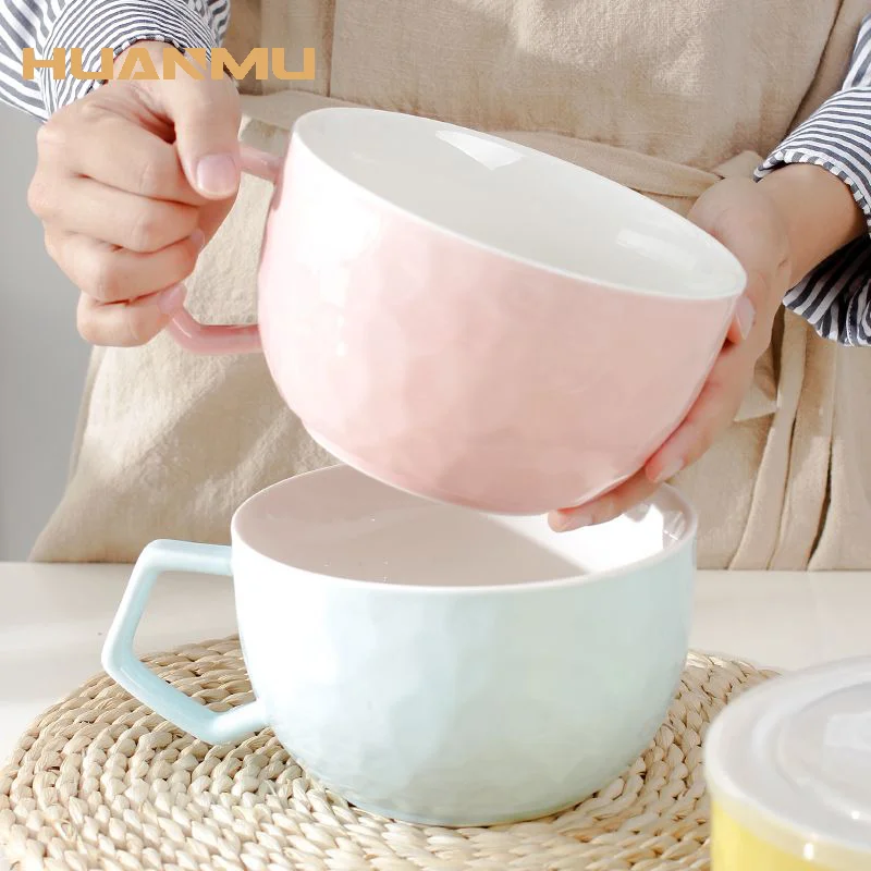 Macaron Color Ceramic Big Mug 1000ml Bowl with Lid Student Lunch Box ...
