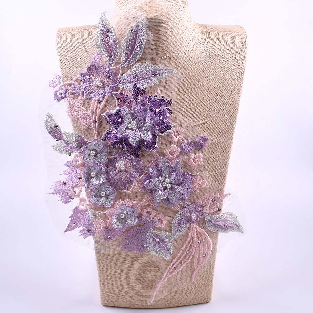 Purple-Pink-Green-Embroidery-Bead-Patches-Applique-Mesh-Fabrics-Lace ...