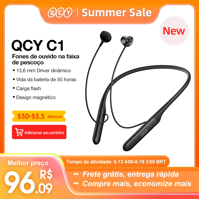 QCY Magnetic Sport Neckband Fones De Ouvido, C1 Sem Fio, 50H Long Standby Headset, Driver ...